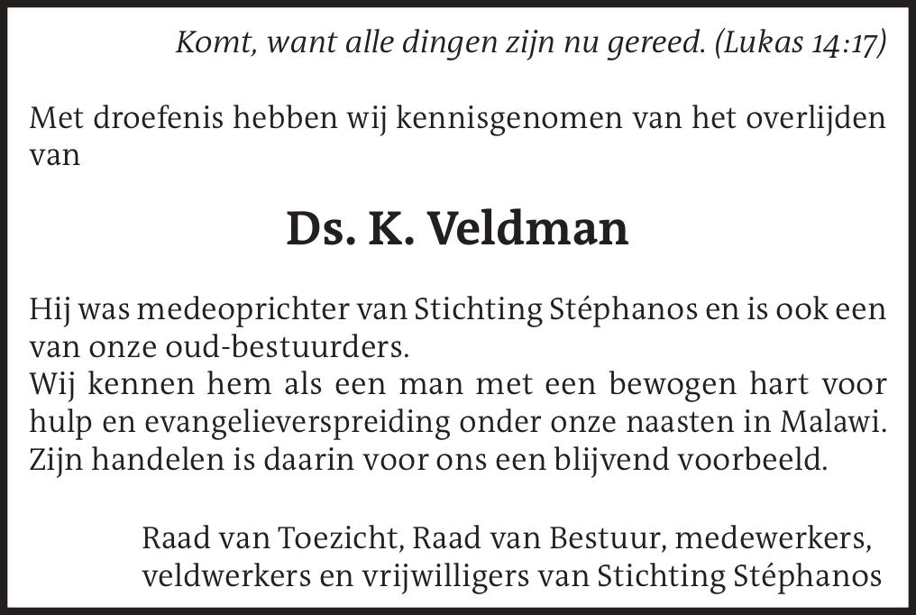 Overlijden Dominee K. Veldman - Stephanos